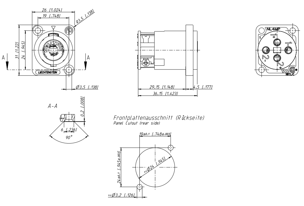 Neutrik NL4MP-ST (to be screwed), 4 pole male Speakon chassis, silver ...