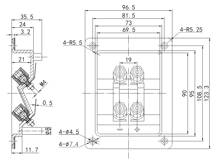 Large rectangular 2-pole (for bi amp or bi wiring) recessed terminal ...