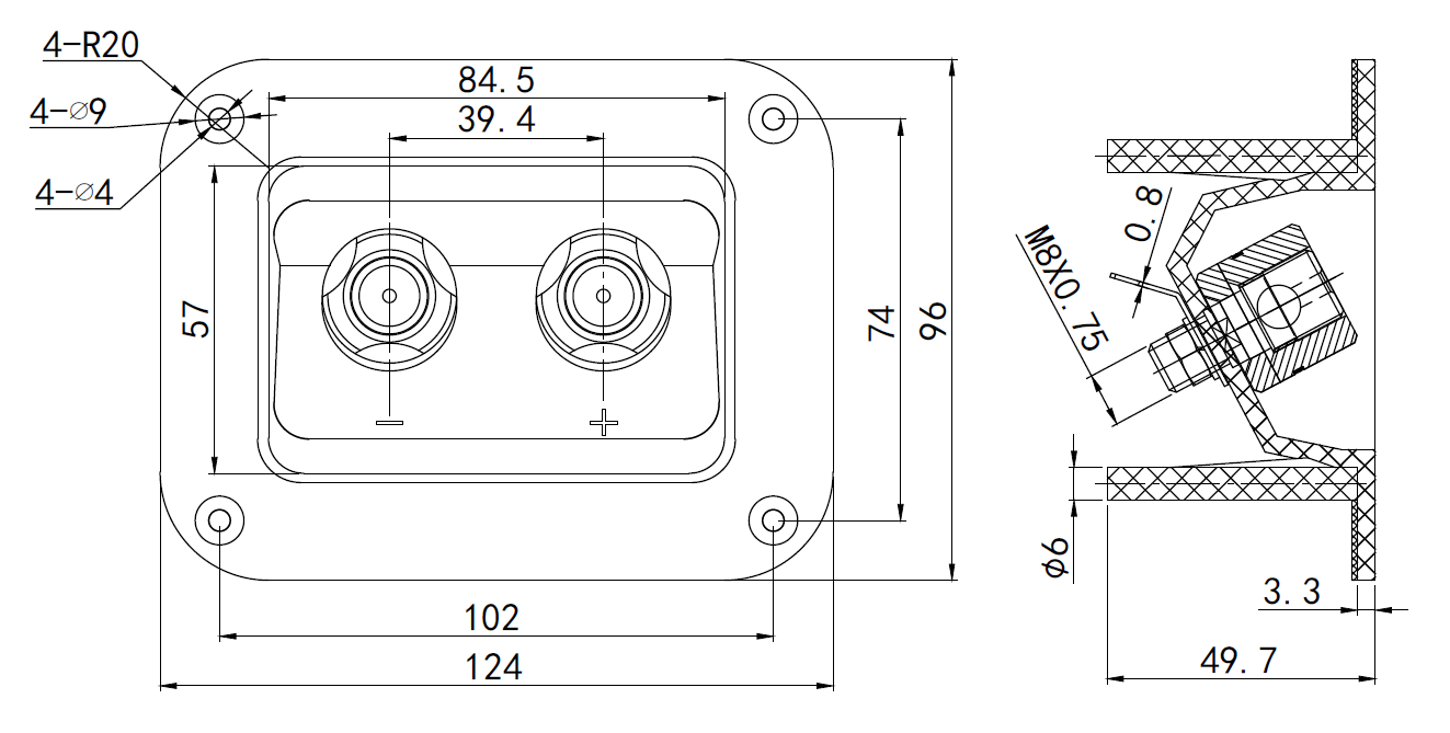 Large rectangular 2-pole recessed terminal block for high fidelity ...