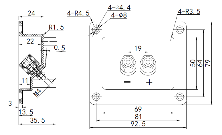 Rectangular 2-pole recessed terminal block for high fidelity ...