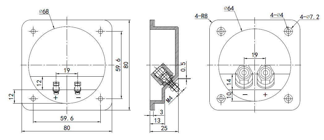 Small square 2-pole recessed terminal block for high fidelity ...