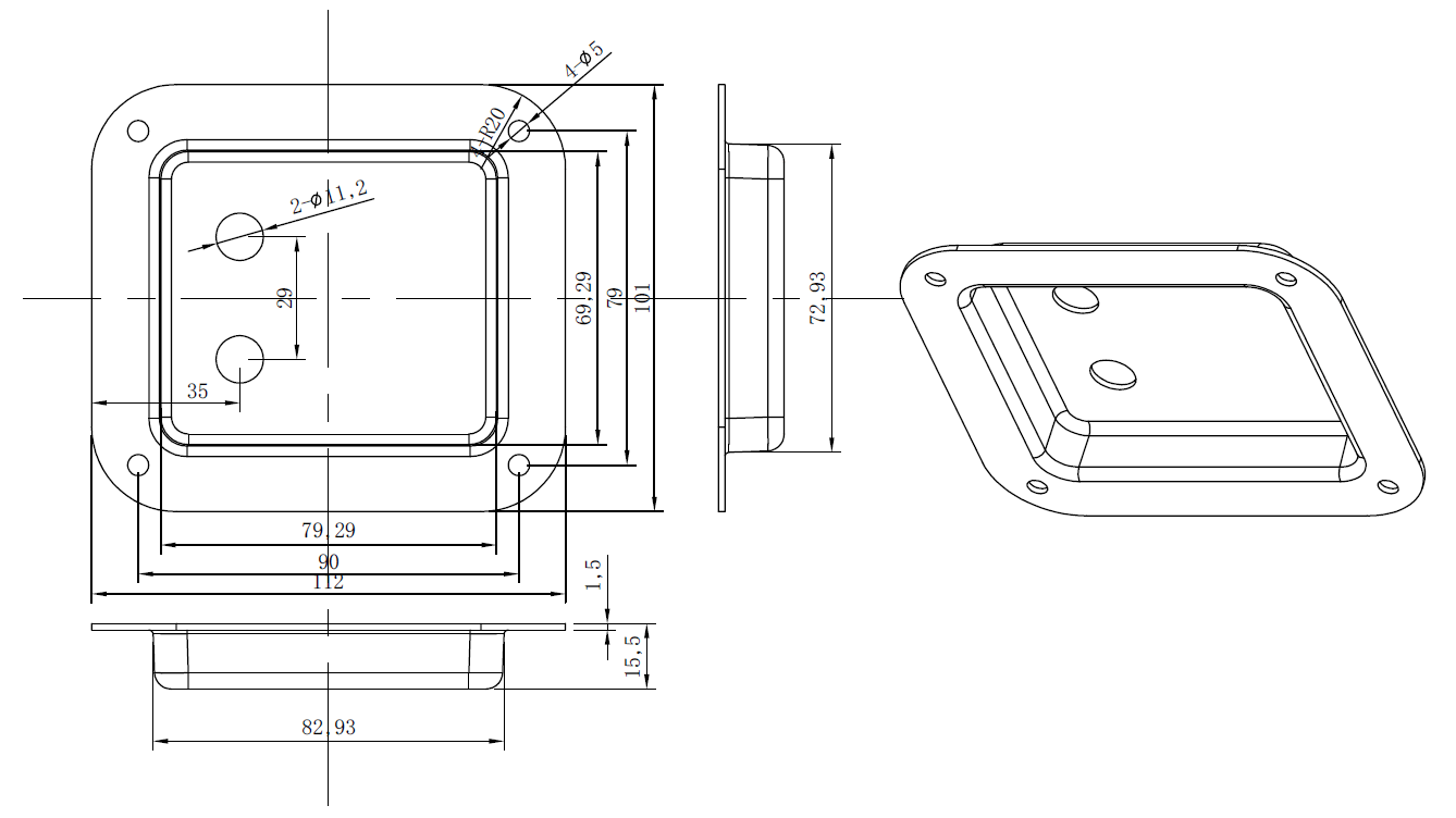 Black steel mounting plate for two 1/4" Jack sockets, front 101 x 112 mm, total depth 15.5 mm