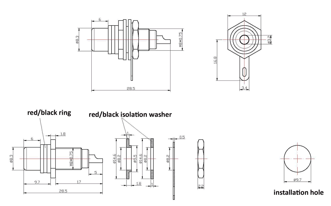 Pair of insulated RCA female chassis bases, gold plated brass, color ...